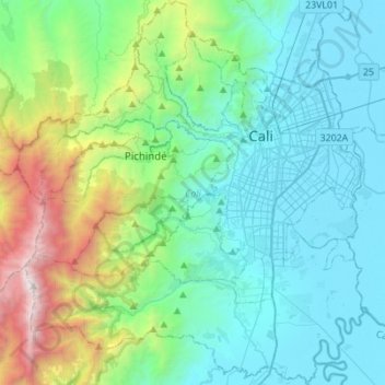 Mapa topográfico Cali, altitud, relieve
